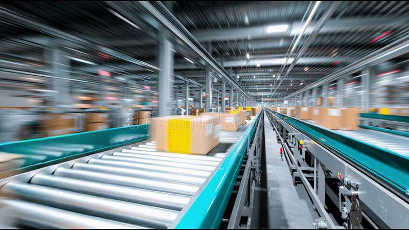 Packages Moving Rapidly through an Automated Sorting Facility at Night ...