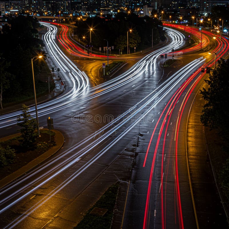 Nighttime Image of a City Intersection with Light Trails from Cars ...