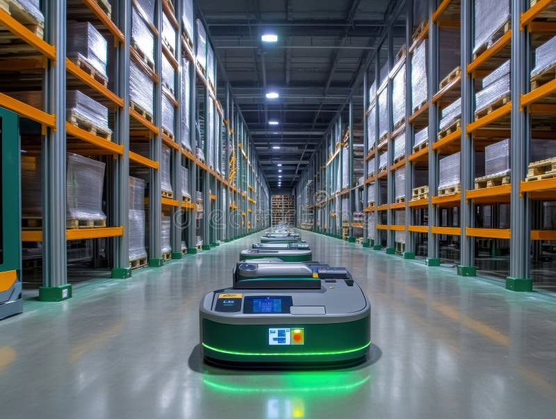 Nighttime Image of a Large Warehouse Interior with Green-colored ...