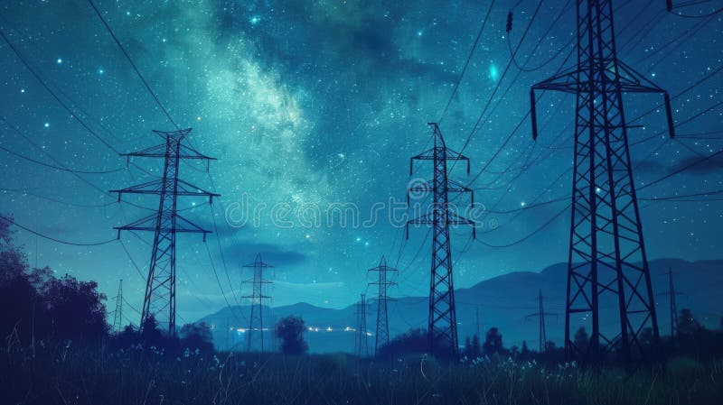 Nighttime Image of a Starry Sky with Many Power Lines Visible Stock ...