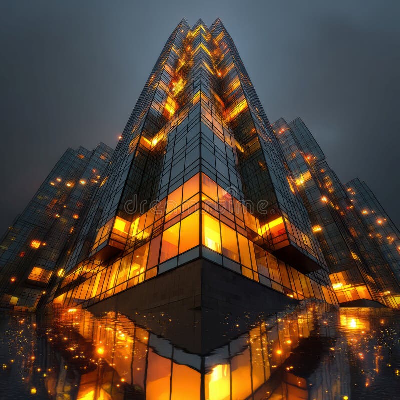 Nighttime Image of a Towering, Reflective Skyscraper with Illuminated ...