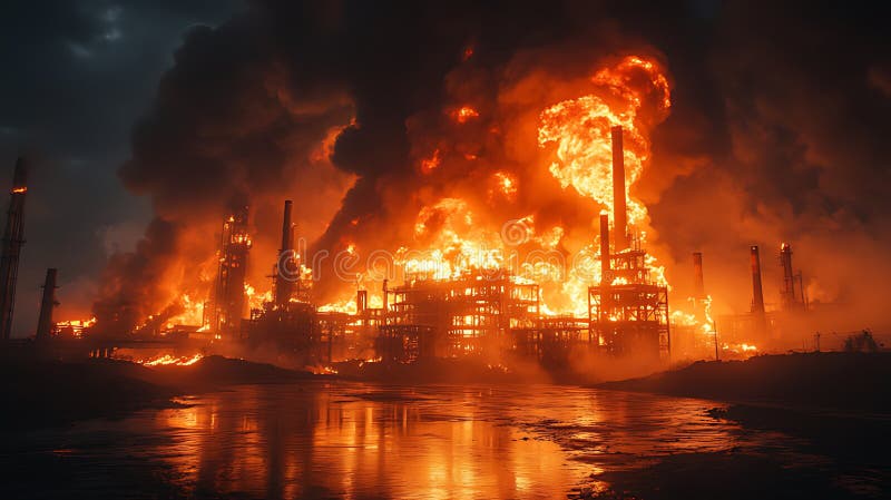 Nighttime Industrial Fire Engulfing Factory Complex Near Water Stock ...