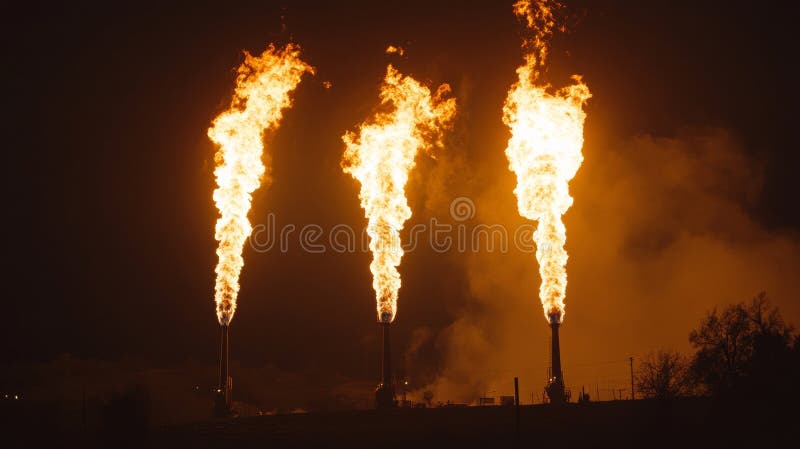 Nighttime Industrial Fires Cast Light Across the Landscape Stock Image ...