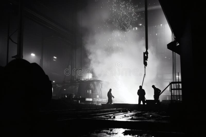 Nighttime Industrial Work with Sparks Flying and Silhouettes of Workers ...