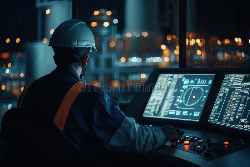 Nighttime Industrial Worker Operating Control Panel in Illuminated ...