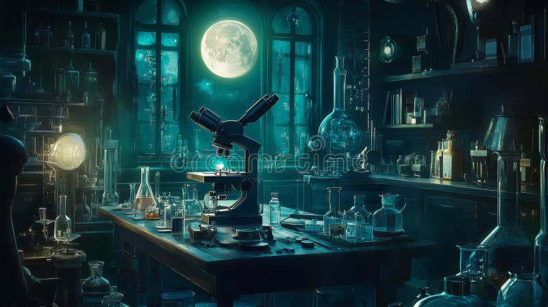 Nighttime Laboratory with Microscope and Moonlight Stock Illustration ...