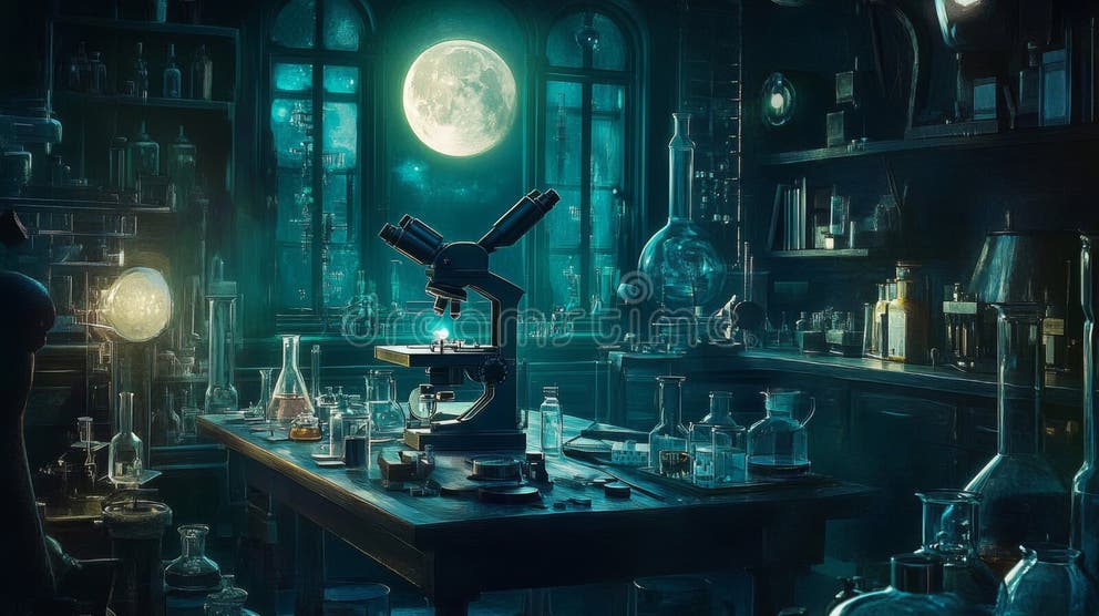 Nighttime Laboratory with Microscope and Moonlight Stock Illustration ...