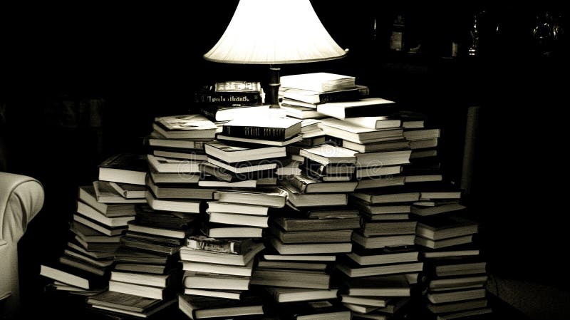 Nighttime Lamp Illuminates Large Book Stack, Home Study Stock Photo ...