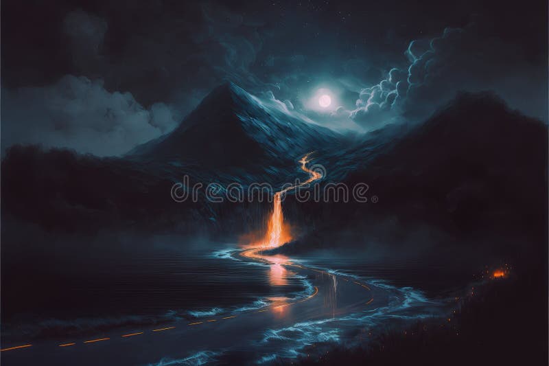 The Nighttime Landscape Features a Waterway Surrounded by Foreboding ...