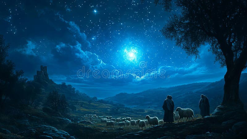 Nighttime Landscape Featuring Two Shepherds Guiding a Flock of Sheep ...