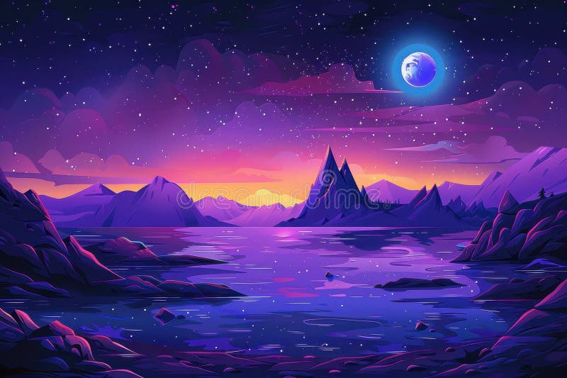 A Nighttime Landscape with a Mountain Range and a Full Moon Stock ...