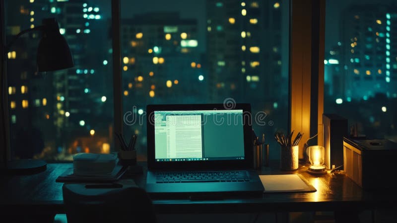 Nighttime Laptop Workspace City Lights Background Stock Illustration ...