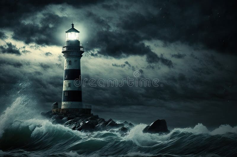 Beautiful Lighthouse Adorned Nighttime Seascape with a Gloomy Sky at ...