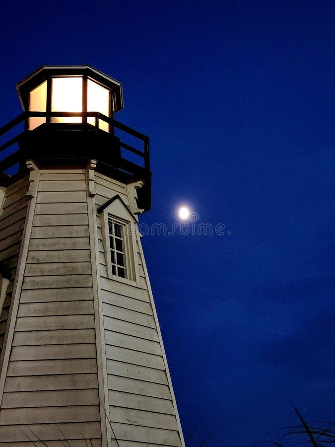 Nighttime Lighthouse Moon Shot Stock Photo - Image of night, darkness ...