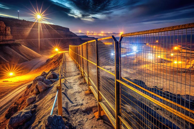 Nighttime Long Exposure Industrial Site Security Barriers Protecting a ...