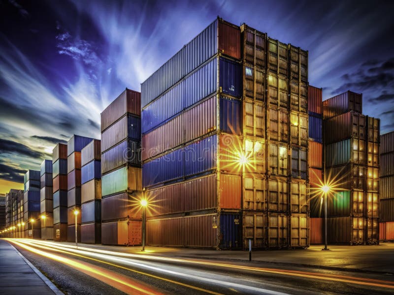 Nighttime Long Exposure of a Massive Container Stack in a Busy ...