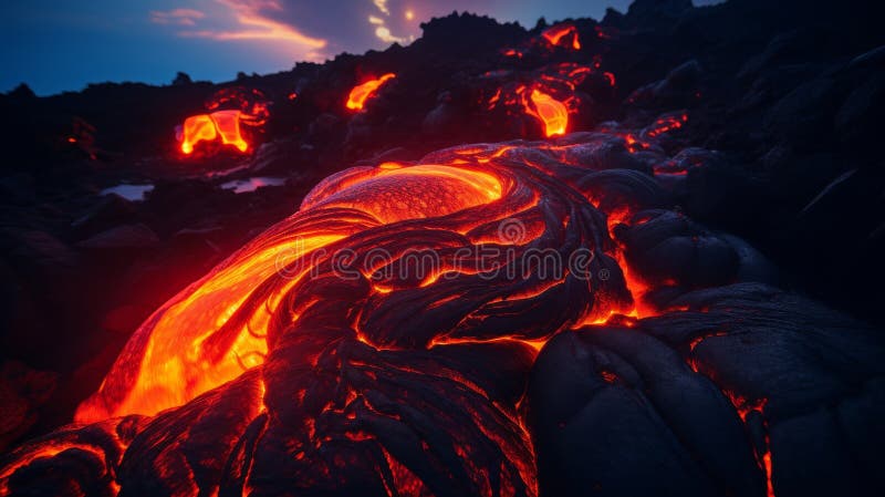 Nighttime Long Exposure Molten Lava Stream Stock Illustration ...