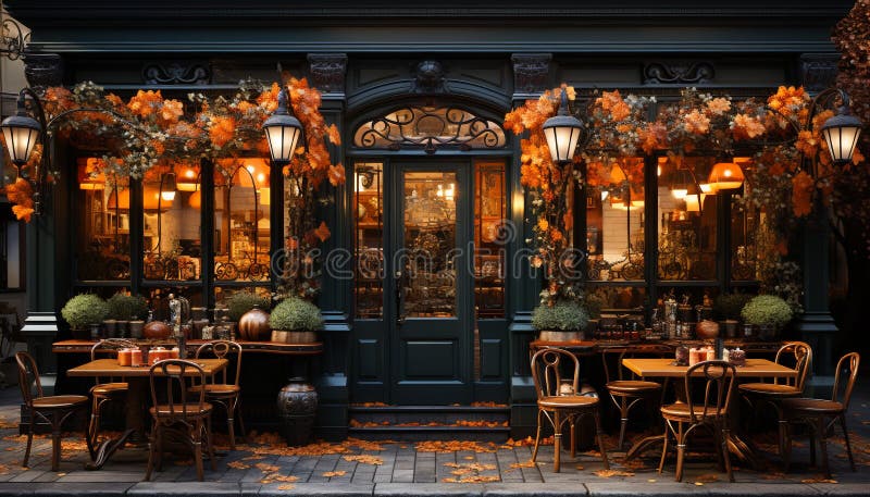 Nighttime in a Modern City, a Bar Illuminated Wooden Chairs Generated ...