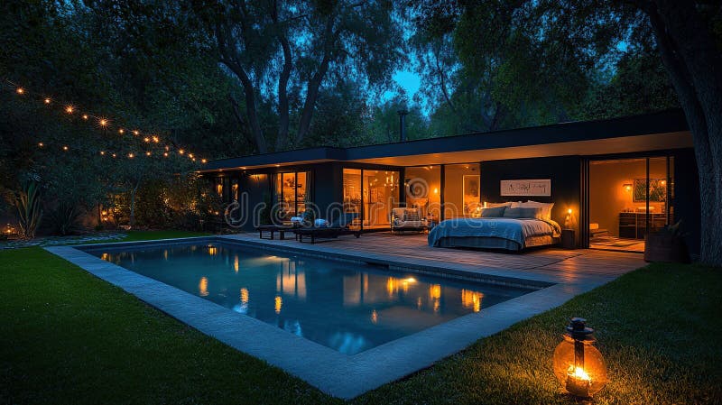 Nighttime Modern House Poolside View, Illuminated Stock Image - Image ...