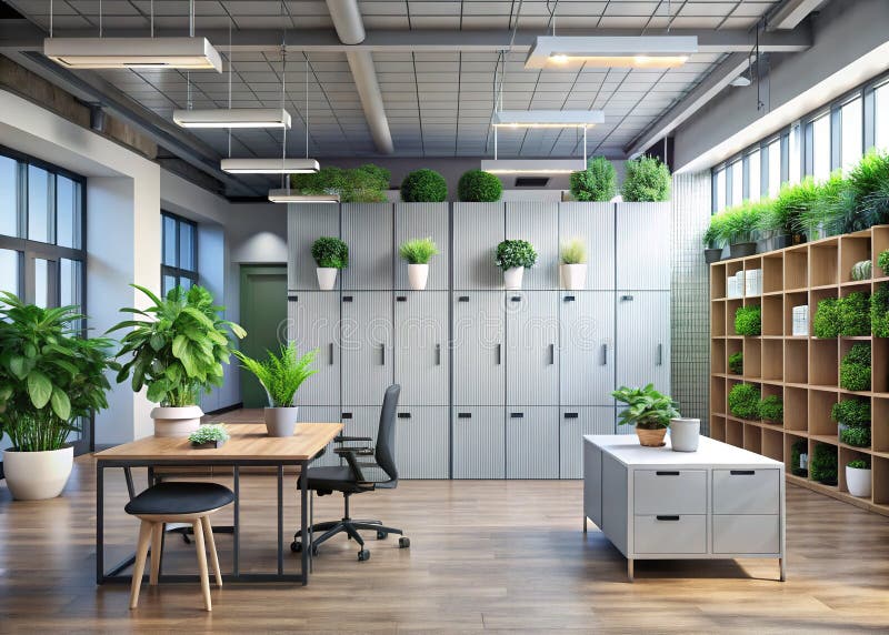 Nighttime Modern Office Interior Stylish Workspace with Lockers Desks ...