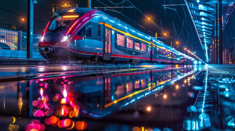 Nighttime Modern Train Station with Neon Lights, Generative AI Stock ...