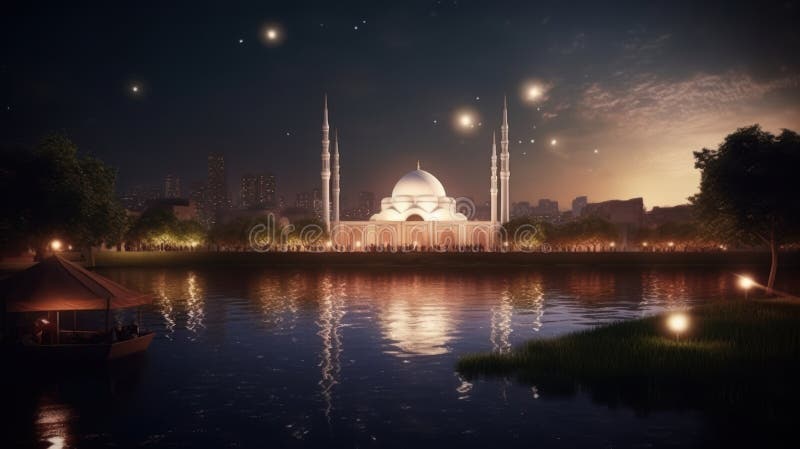 Nighttime Mosque by the Lake. Created by Generative Artificial ...