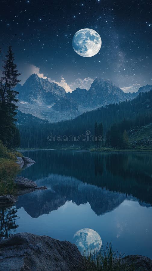 Nighttime Mountain Lake with Full Moon Reflection Stock Illustration ...