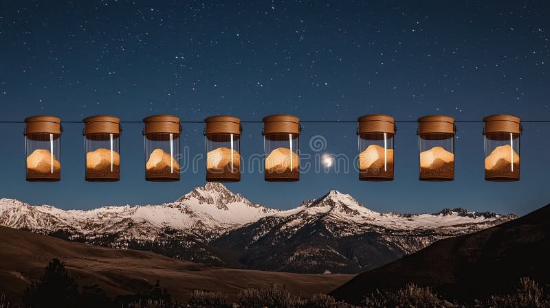 Nighttime Mountain Landscape String Lights Stock Photo - Image of ...