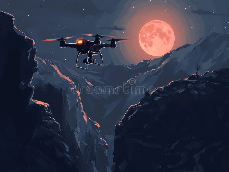 Nighttime Mountain Landscape with Two Moons, Drone in Flight, Rugged ...