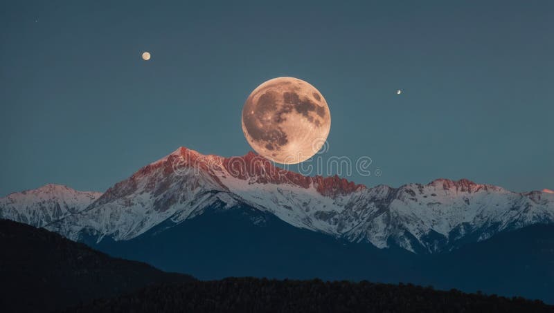 Nighttime Mountain Scene with Full Moon and Snow-Capped Peaks Stock ...