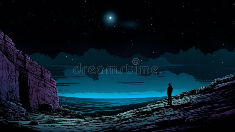 Nighttime Mountaintop View Interstellar Comic Book Art with Panoramic ...