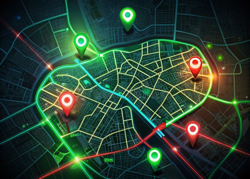 Nighttime Navigation Map Visualization Exploring Routes and Locations ...