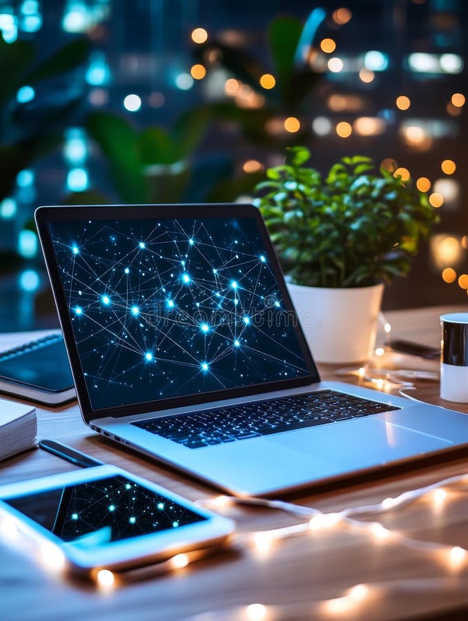 Nighttime Network Connections Laptop Displays Network Symbolizing ...