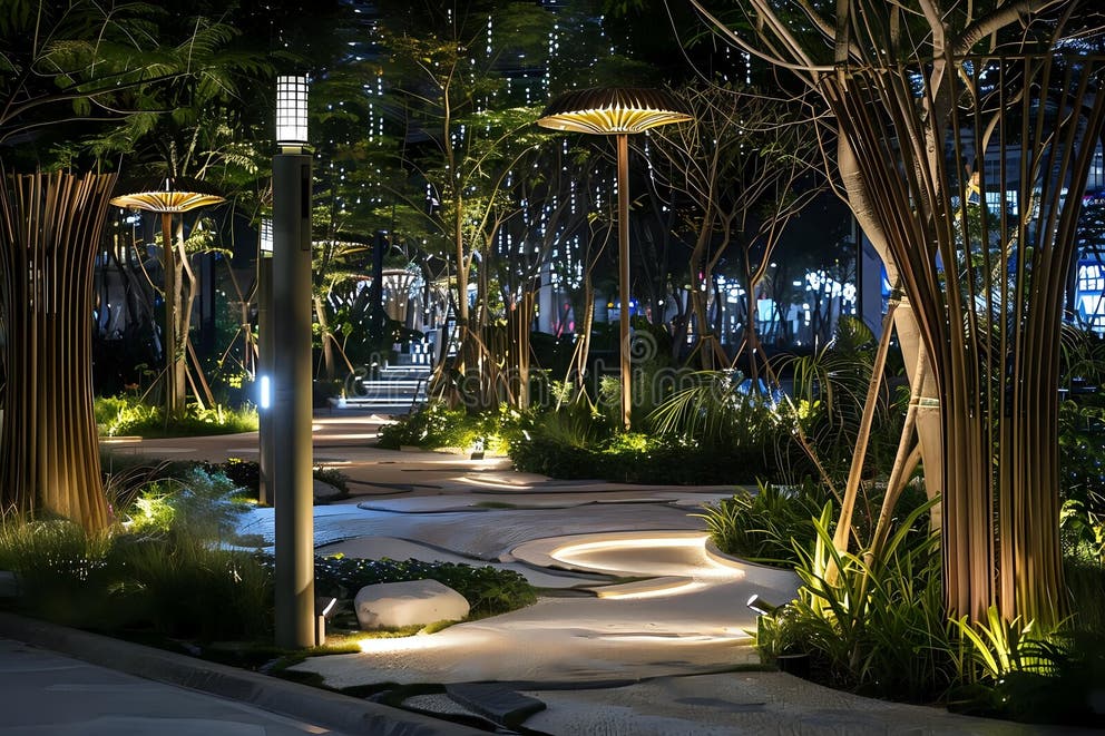 Nighttime Oasis, Illuminated Pathways Wind through Lush Gardens with Modern Lighting and Unique ...