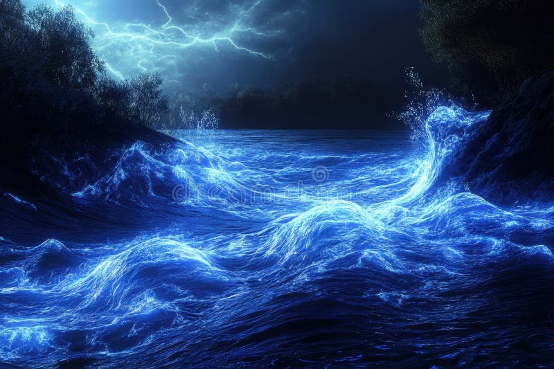 Nighttime Ocean Waves Illuminated by Blue Light and Lightning in the ...