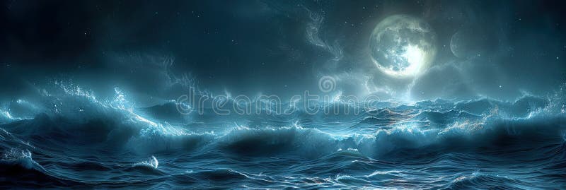 Nighttime Ocean Waves Under a Bright Full Moon Stock Image - Image of ...