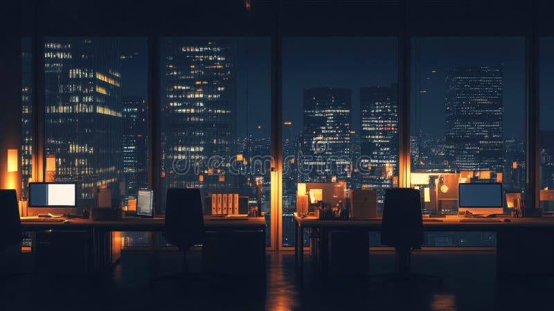 A Nighttime Office Scene Showcasing a Modern Interior with a Row of ...