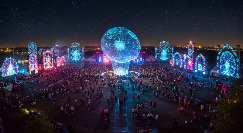 Nighttime Outdoor Festival Scene with a Large, Illuminated Spherical ...