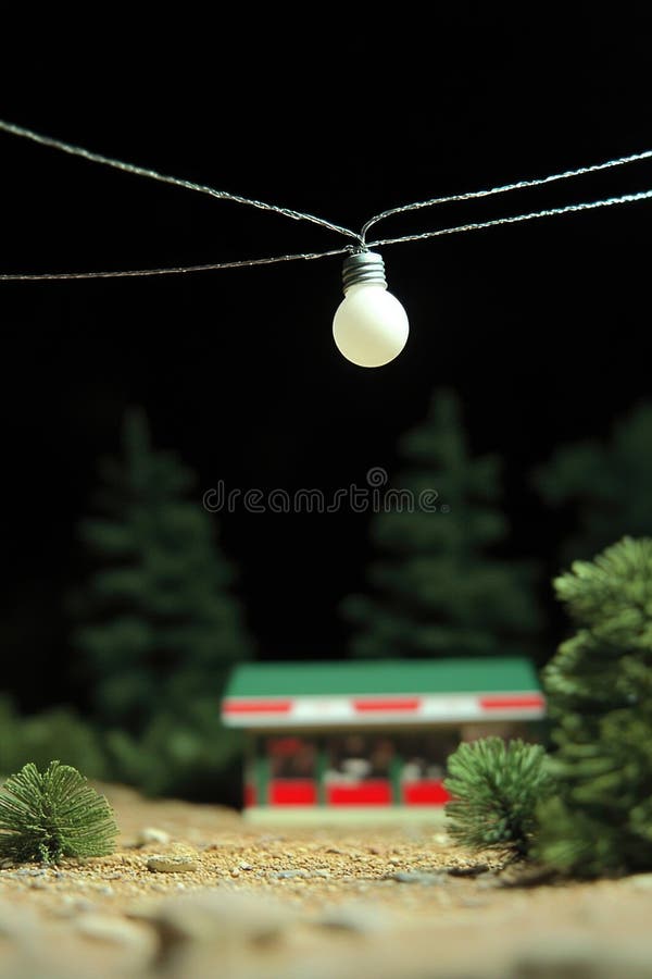 Nighttime Outdoor Market with Hanging Light Bulb and Pine Trees Stock ...