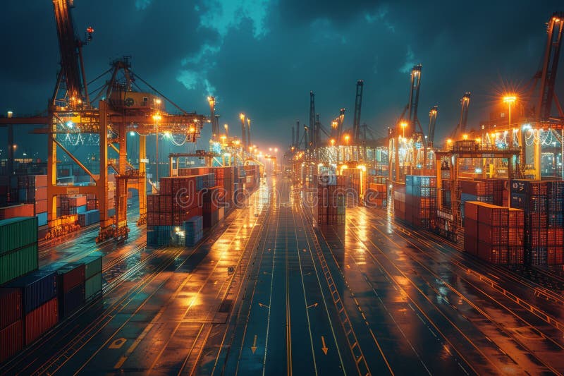 Nighttime Panorama of a Lively Container Terminal, Alive with Lights ...