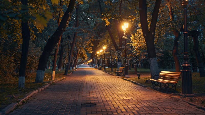 Nighttime Park Scene Tree Lined Brick Path with Illuminated ...