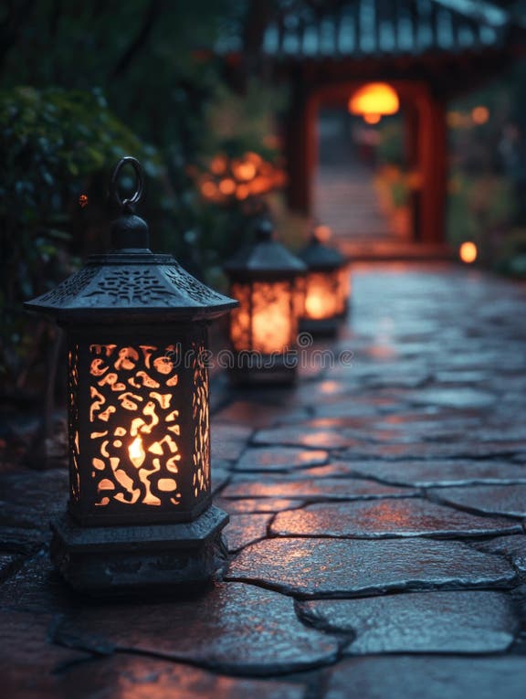 Nighttime Path with Lantern Lights Stock Photo - Image of exterior ...