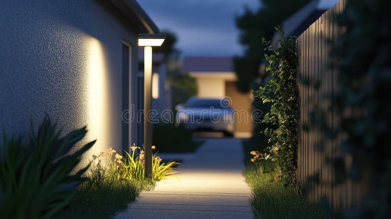 Nighttime Pathway Lighting Illuminates Residential Driveway Stock ...
