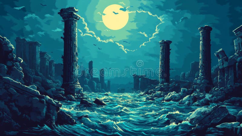 Nighttime Pixel Art Ruins by the Sea Under a Full Moon Stock ...