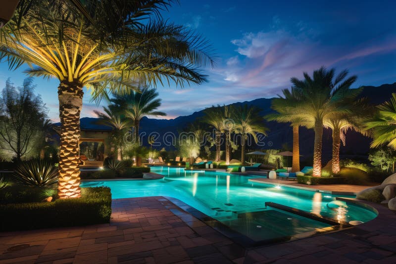 Nighttime Pool Landscape with Lit Palm Trees and Pool Stock Image ...