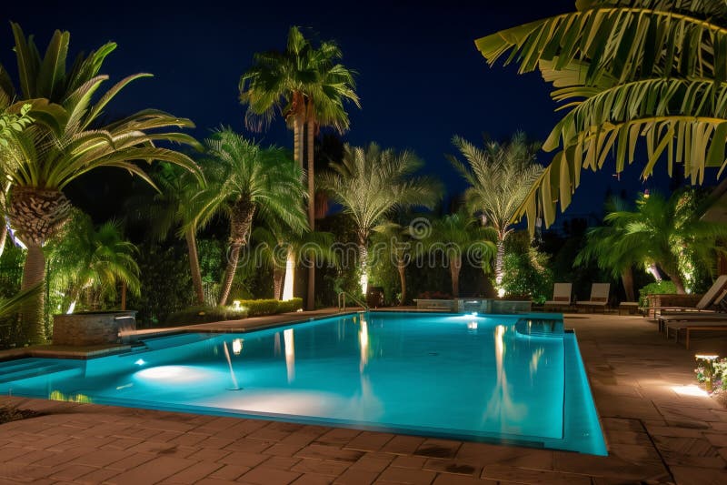 Nighttime Pool Landscape with Lit Palm Trees and Pool Stock Photo ...