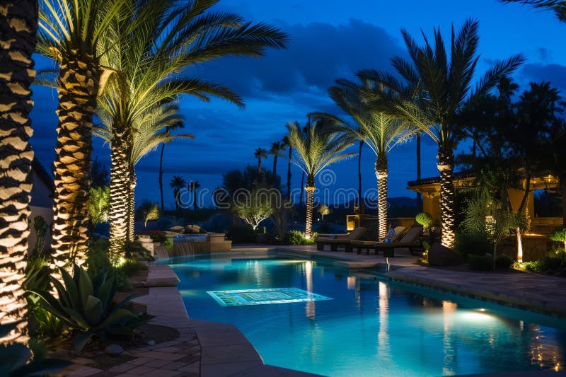 Nighttime Pool Landscape with Lit Palm Trees and Pool Stock Photo ...