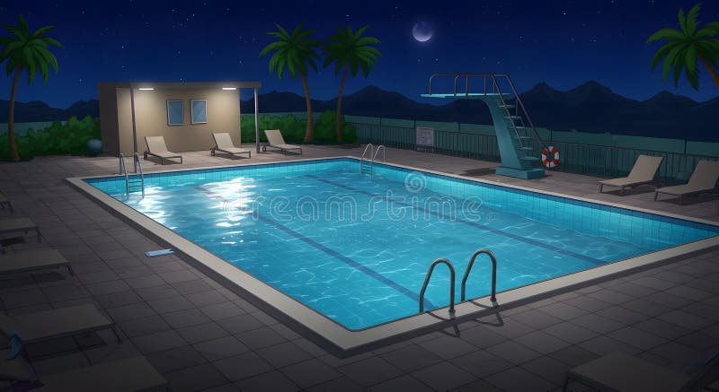 Nighttime Pool Scene Under a Starry Sky and Moon Stock Photo - Image of ...