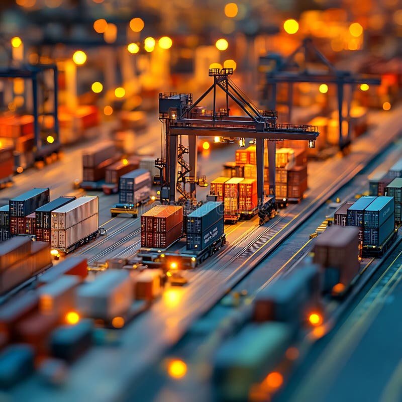 Nighttime Port Scene with Containers and Cranes Under Warm Lights Stock ...