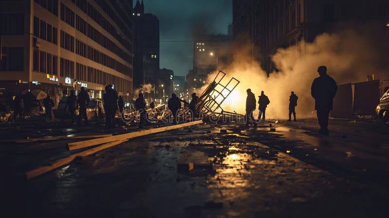 A Nighttime Protest Unfolds Dramatically with Fire and Smoke in an ...